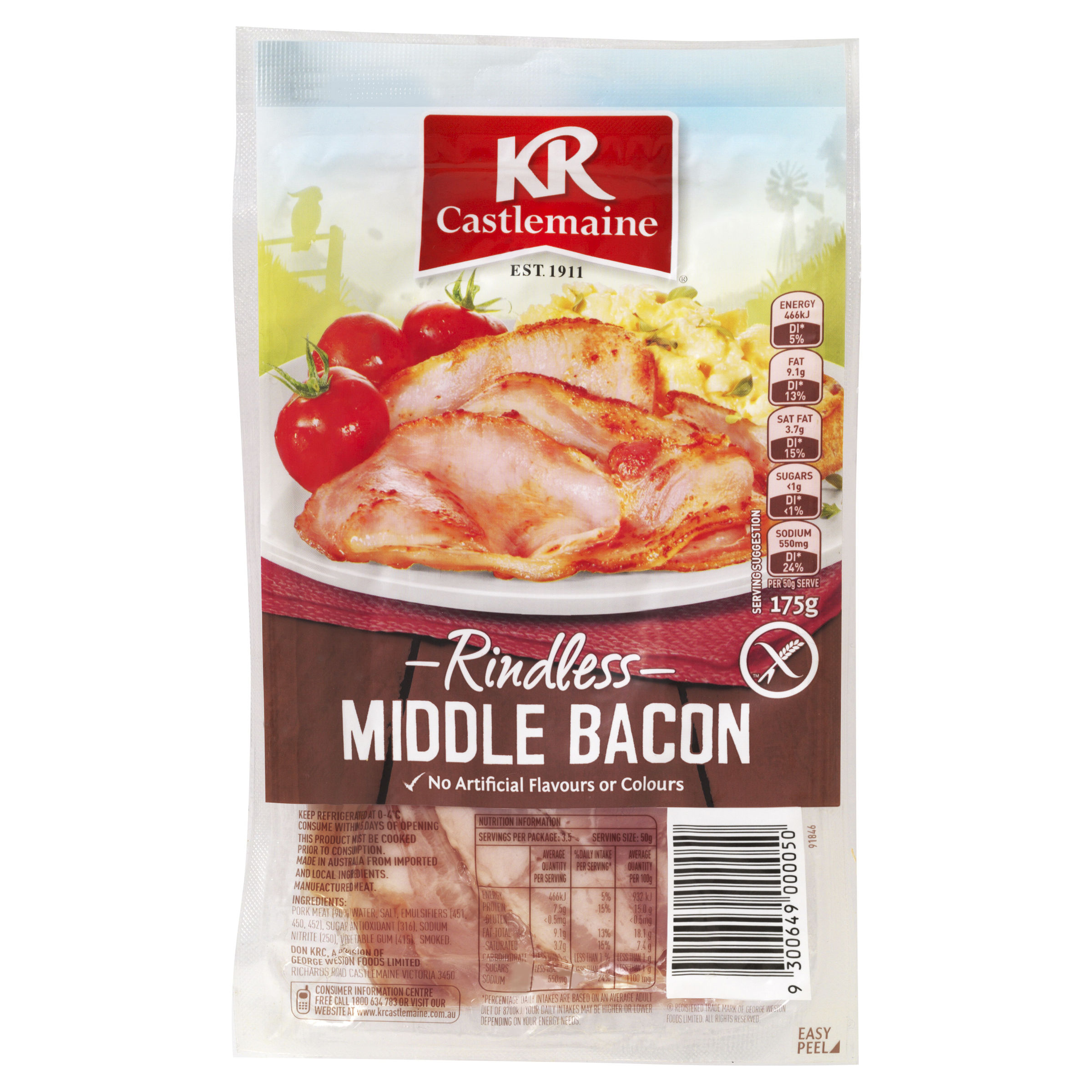 KR Castlemaine Rindless Middle Bacon 175g Product | KR Castlemaine