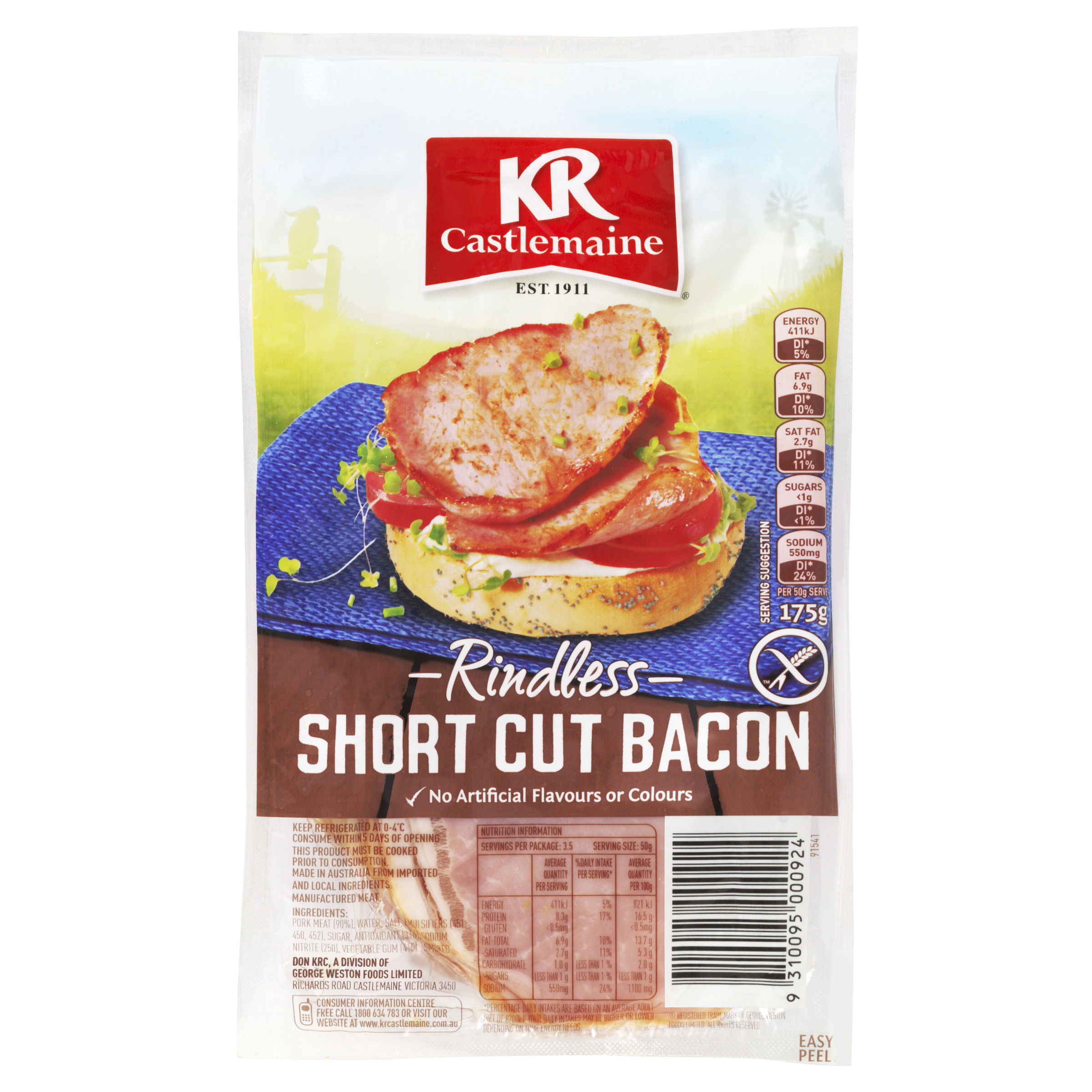 KR Castlemaine Short Cut Rindless Bacon 175g Product | KR Castlemaine